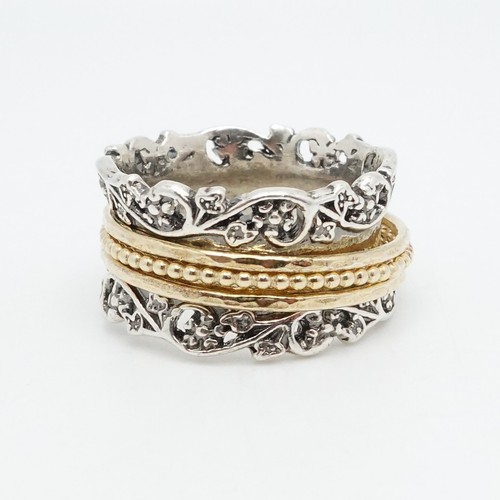 Or Paz Sterling Silver Two Tone Flower Ornate Spinner Band Wide Ring ...