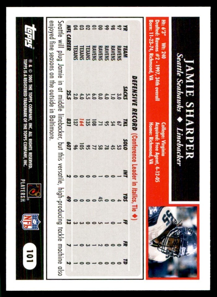 2005 TOPPS JAMIE SHARPER SEATTLE SEAHAWKS #101 | eBay