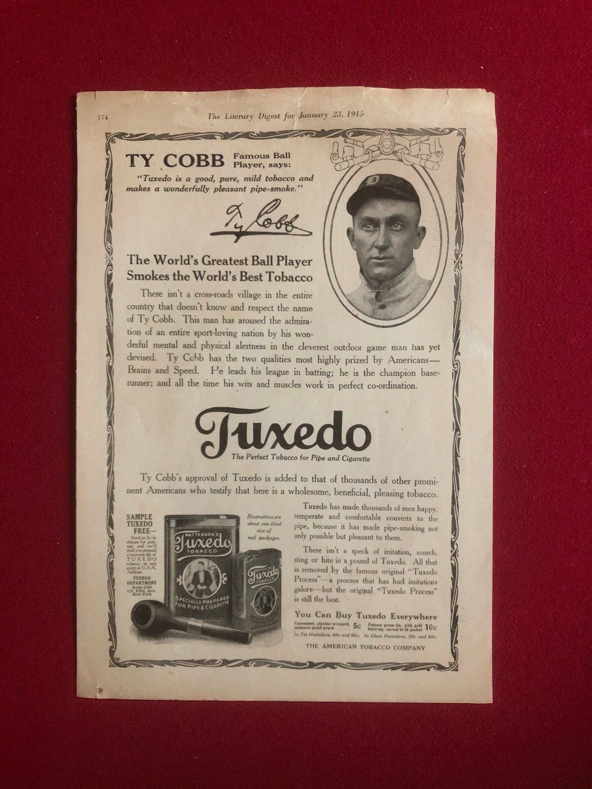 1915, Ty Cobb, "Tuxedo" Magazine Advertisement (RARE / Vintage) Tigers ...