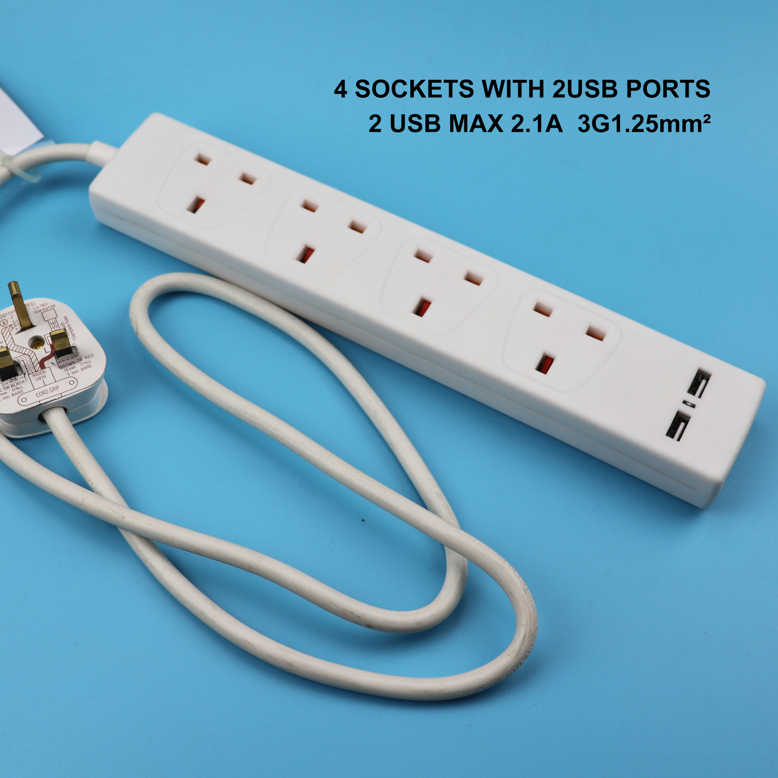 4 Way Gang Sockets 1M/3M/5M Extension Lead with 2 USB Ports Portable ...