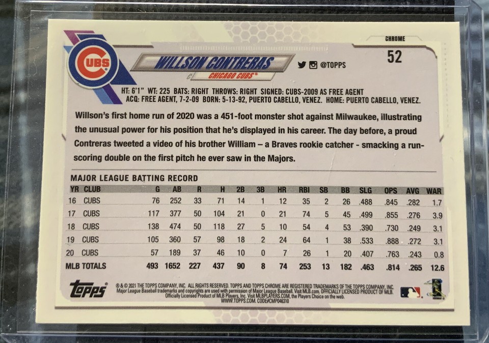 2021 Topps Chrome Wilson Contreras Pink Refractor Parallel #52 Cubs | eBay