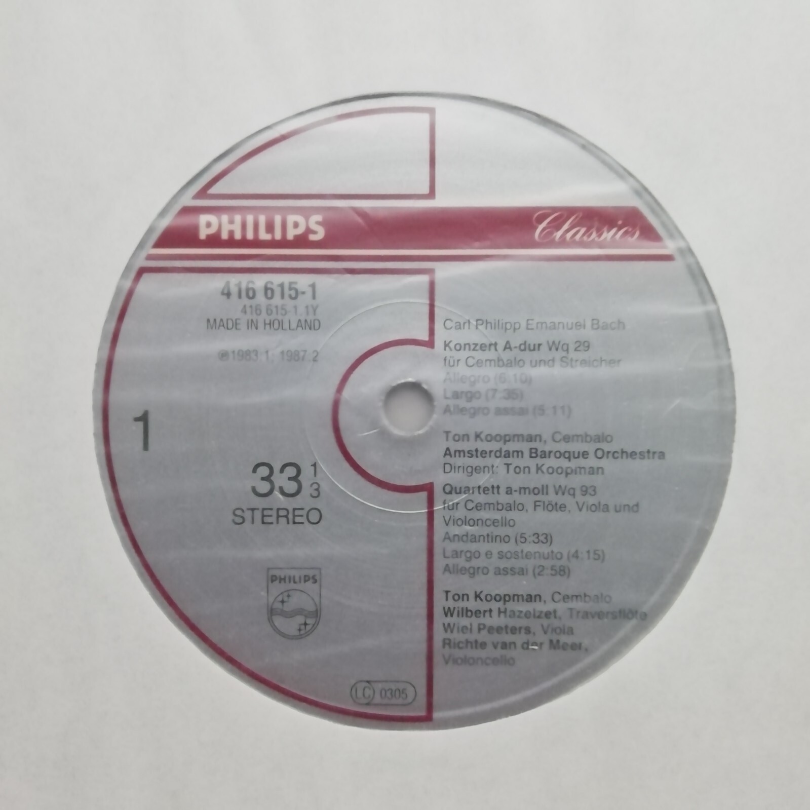 Philips LP 416 615-1: C.P.E. Bach - 3 Quartets etc. / Ton Koopman etc ...