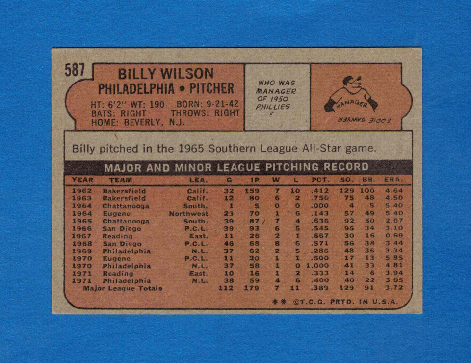 1972 TOPPS #587 BILLY WILSON PHILADELPHIA PHILLIES CARD -- EX | eBay