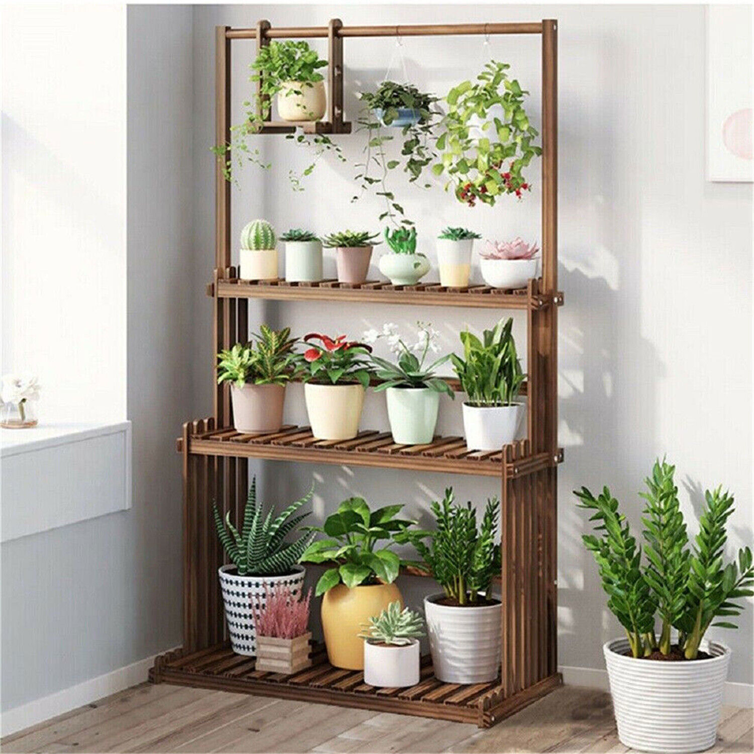 Wood Plant Stand 3-Tier Hanging Pots Flower Shelf Indoor Outdoor Garden ...