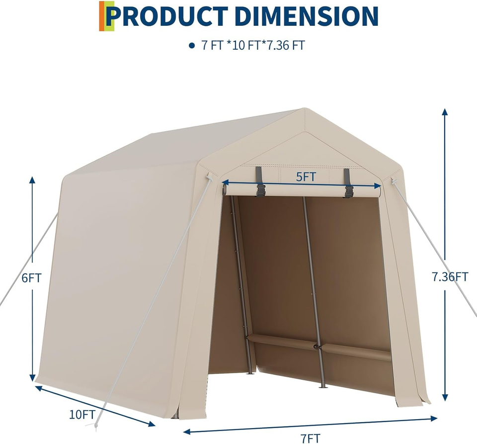 Portable 7x10 Ft Bike & ATV Storage Tent with Roll-Up Door - Khaki | eBay