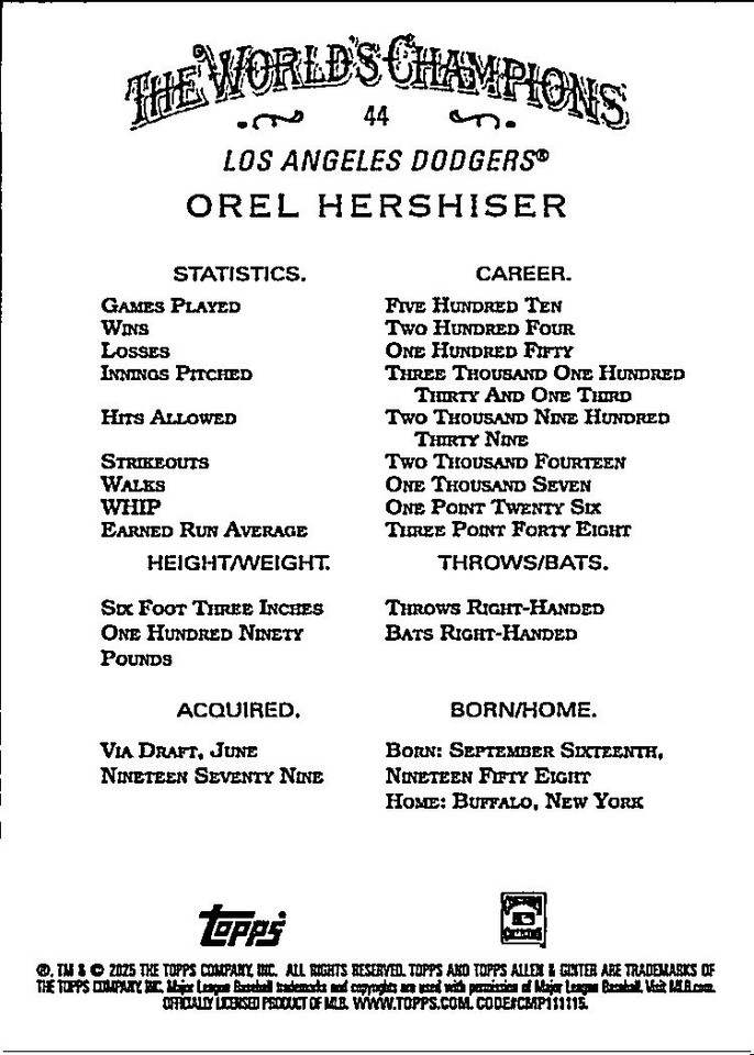 Orel Hershiser 2025 Topps Allen & Ginter #44 | eBay