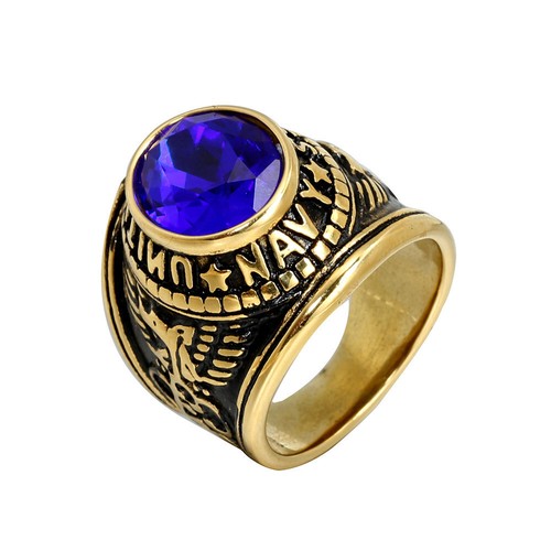 Gold Plated with Blue CZ US Navy Signet Ring Stainless Steel Men's Army ...