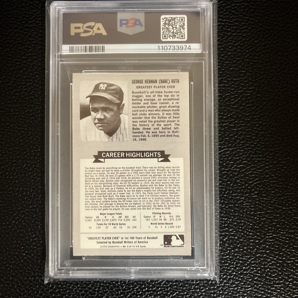 1972 Kellogg's Babe Ruth All-Time Baseball Greats #6 PSA MINT 9 Just ...