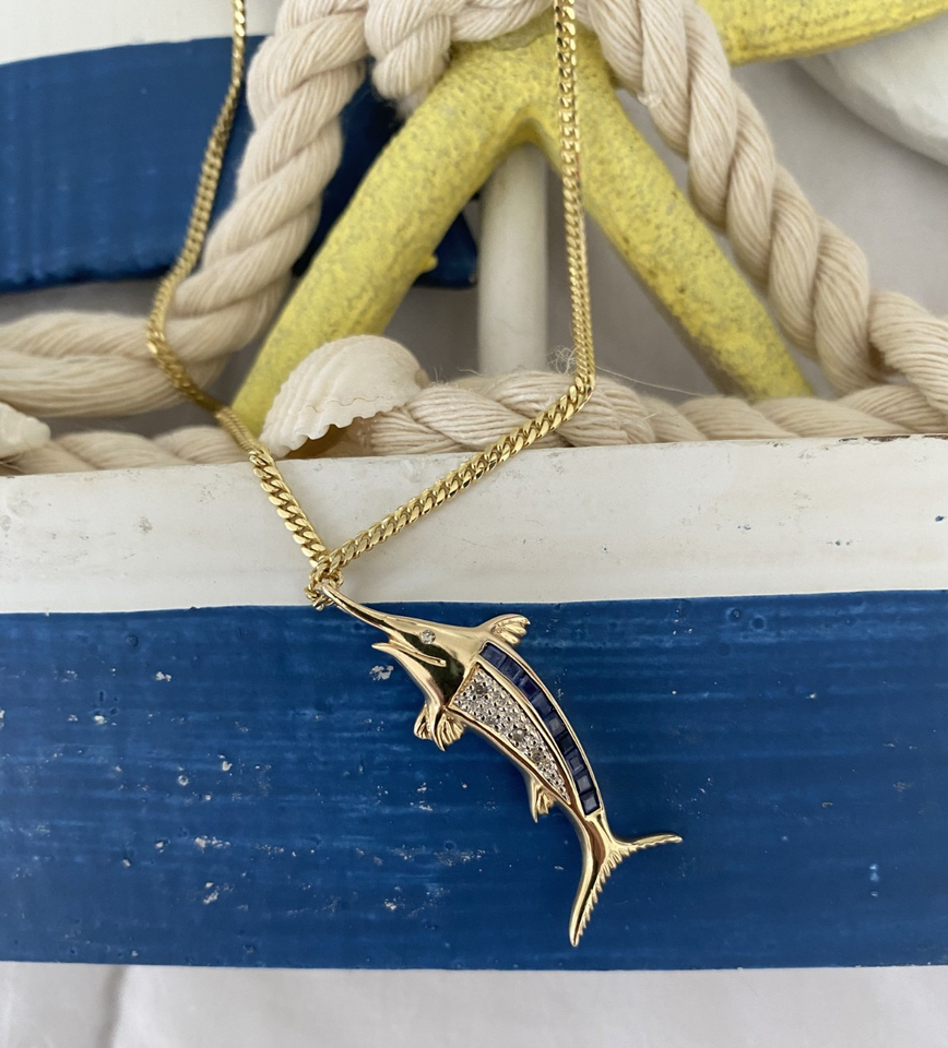 14k SOLID GOLD MARLIN FISH PENDANT AND 10k MIAMI CUBAN LINK CHAIN. NOT ...