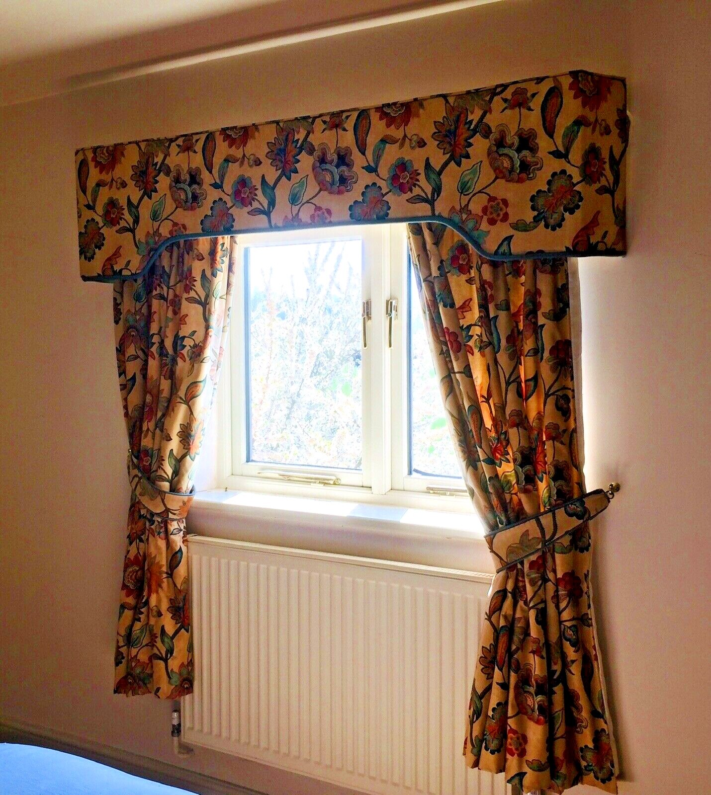 2 pairs curtains used, lined & pelmet + rails & tie backs. Floral ...