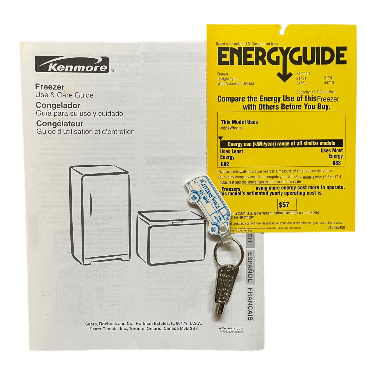 Kenmore Freezer Door Key OEM 16.7 CF 21721 24752 21741 44713 models ...