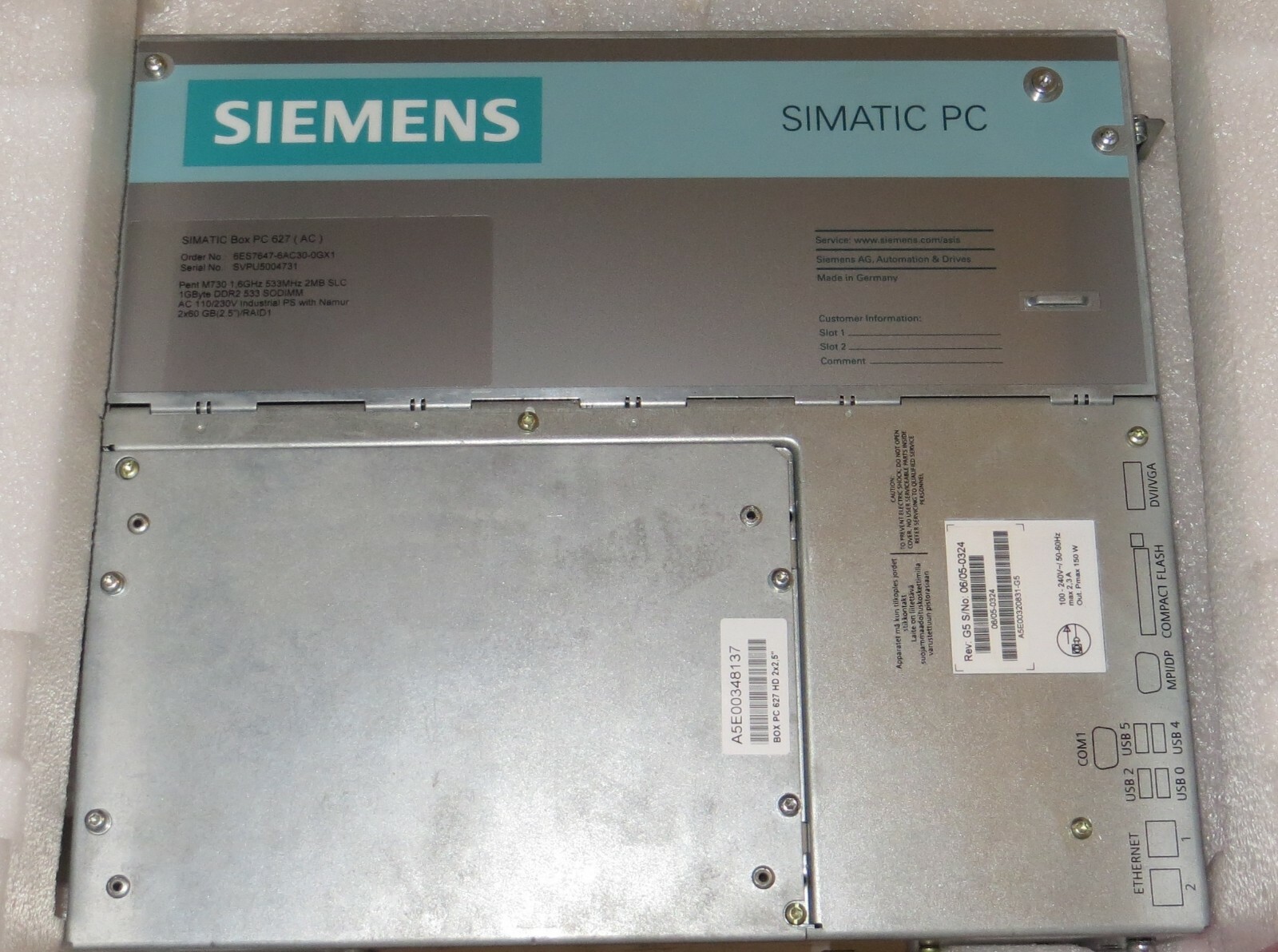 Siemens SIMATIC BOX PC 627 (AC) 6ES7647-6AC30-0GX1, 2009 New No Box ...