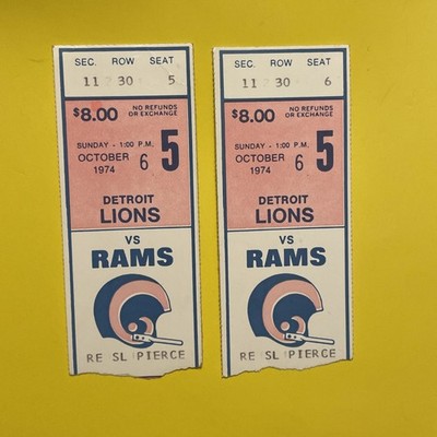 1974 LA RAMS vs. DETROIT LIONS TICKET STUBS SEATS 5 & 6 QB J. HADL 20 ...