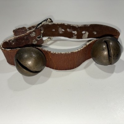 Antique 2 Brass Jingle Sleigh Bells on a Primitive Leather Strap 18 ...