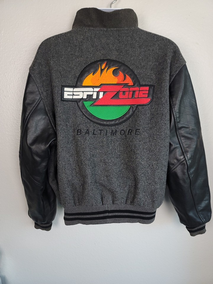 Vintage ESPN Zone Baltimore Leather Letterman Bomber Jacket Embroidered ...