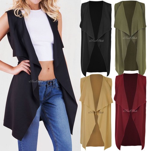 WOMENS LADIES SLEEVELESS OPEN WATERFALL WAISTCOAT DUSTER JACKET ...