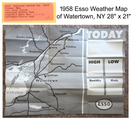 Vintage 1958 Watertown, New York Weather Map - Esso | eBay