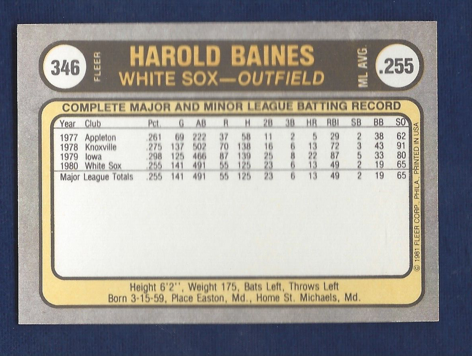 RAZOR SHARP 1981 FLEER BASEBALL #346 HAROLD BAINES ROOKIE RC HOF .99 ...