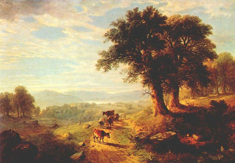 Oil painting Asher-Brown-Durand nice landscape with cows on the path ...