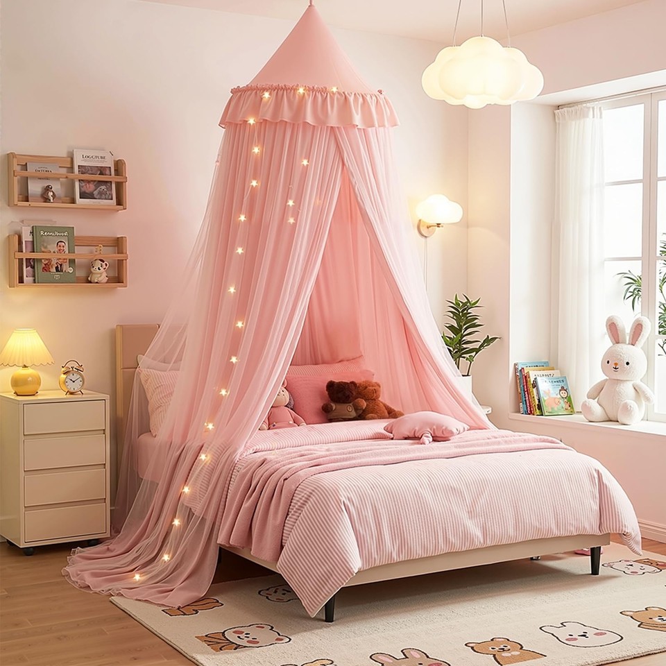 Bed Canopy with Star Lights, Double Layer Bed Canopy for Girls ...