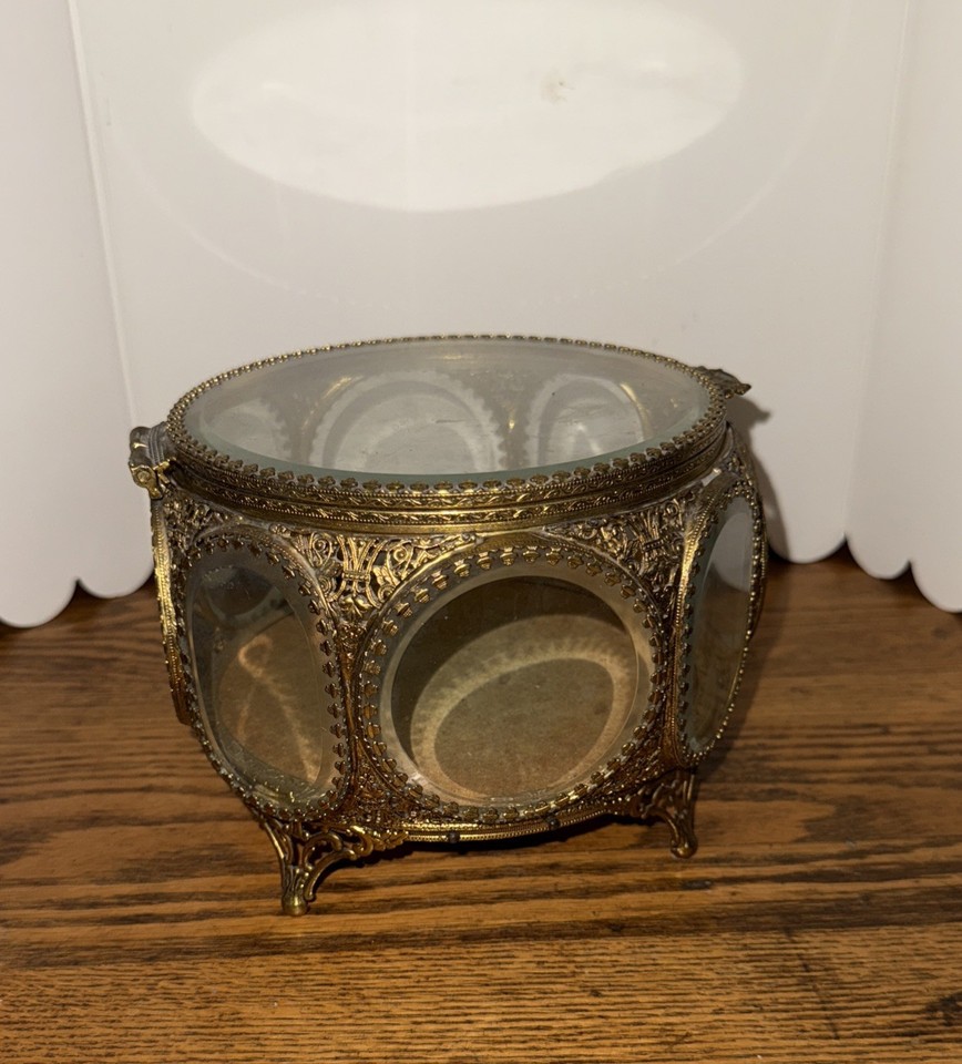 Vintage Brass Ormolu 6-Sided Jewelry Casket Box Beveled Glass Windows ...
