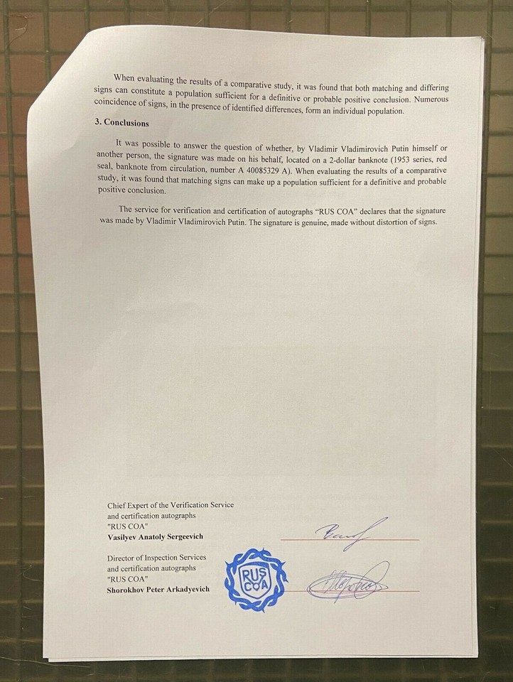 Autograph Vladimir Putin Signed $2 Banknote – RUS COA Expert ...