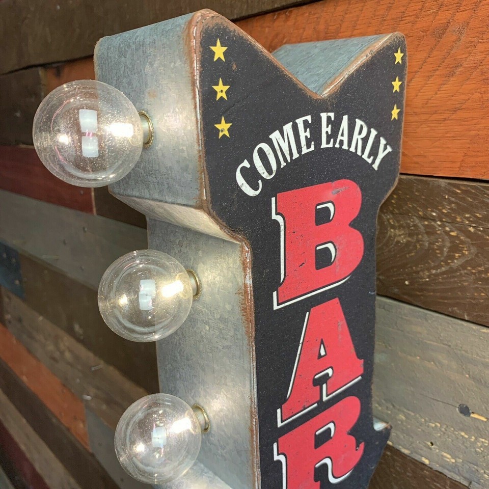BAR Come Early Stay Late! LED Sign, Arrow Shaped Double Sided, Beer Man ...