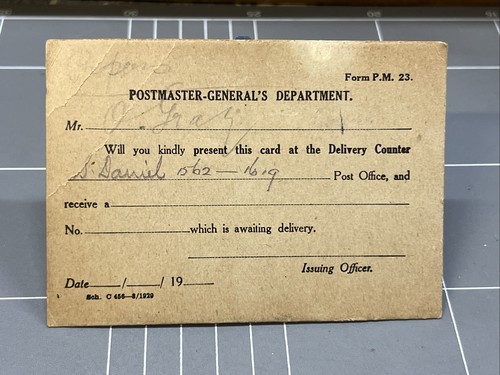 VINTAGE POSTMASTER GENERALS DEPARTMENT PMG POST OFFICE PARCEL CARD WW2 ...