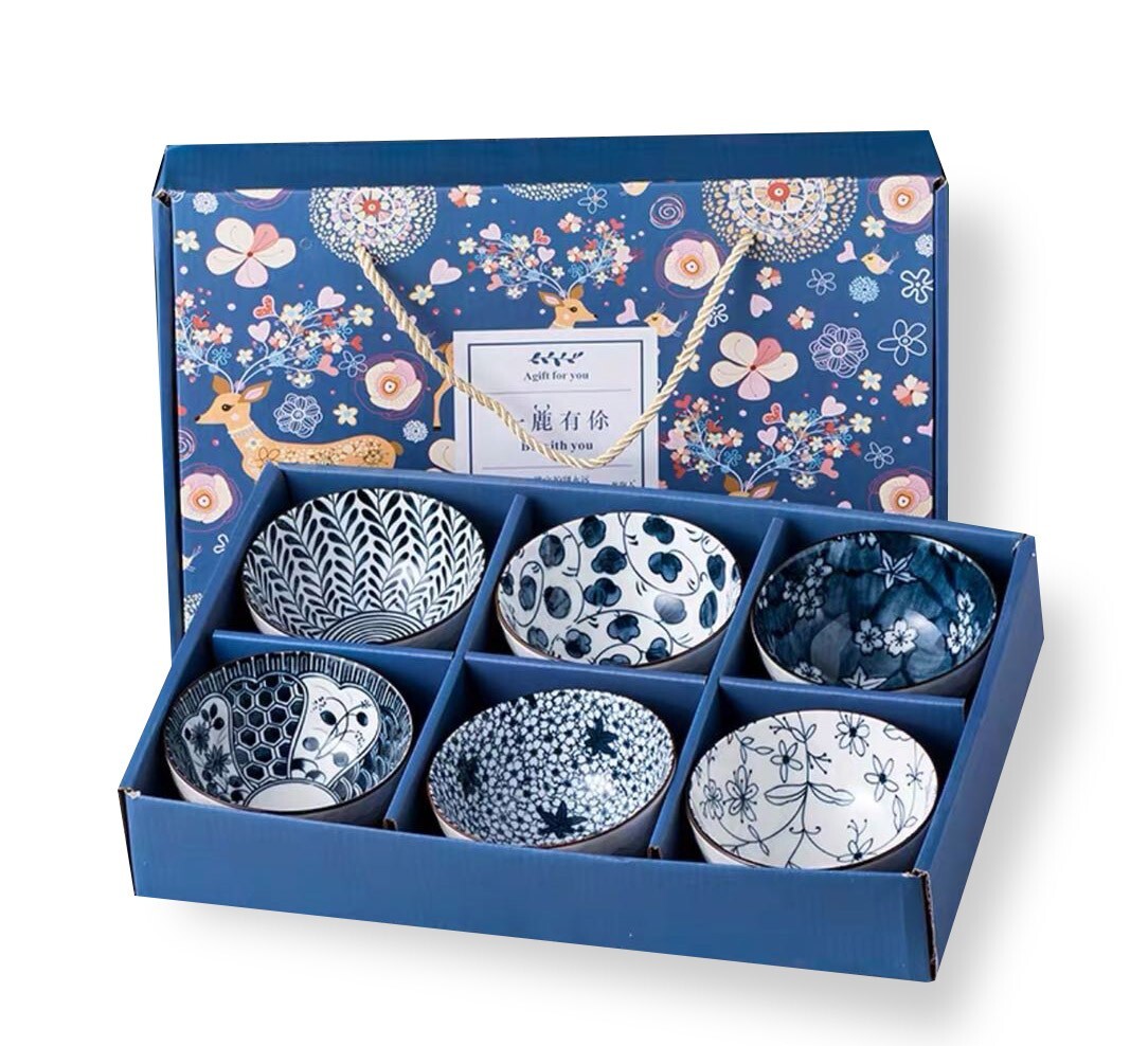 Set of 6 Blue Japanese Chinese Style Rice Bowl Gift Set | eBay UK