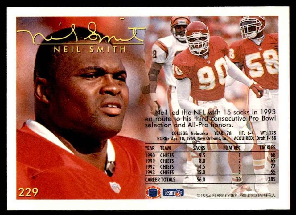 1994 Fleer Neil Smith Kansas City Chiefs #229 | eBay