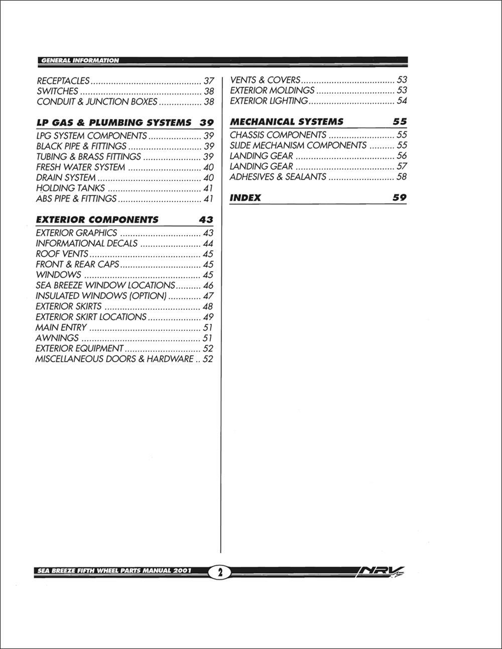 2001 National RV Sea Breeze Parts Book Fifth Wheel Trailer Part Catalog ...