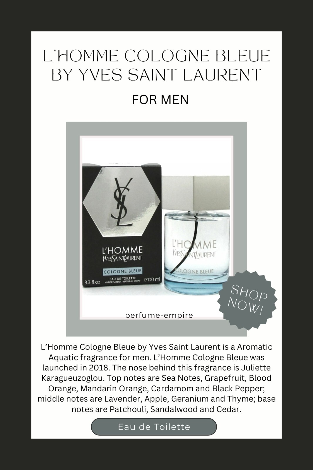 Yves Saint Laurent Lhomme Cologne Bleue 3.4oz Men's Eau de Toilette for ...