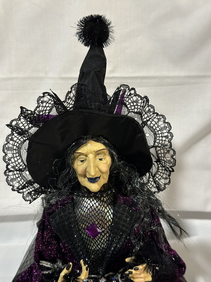27” Green Face Crone Sitting Posable Witch, Spiders Purple Black Dress ...