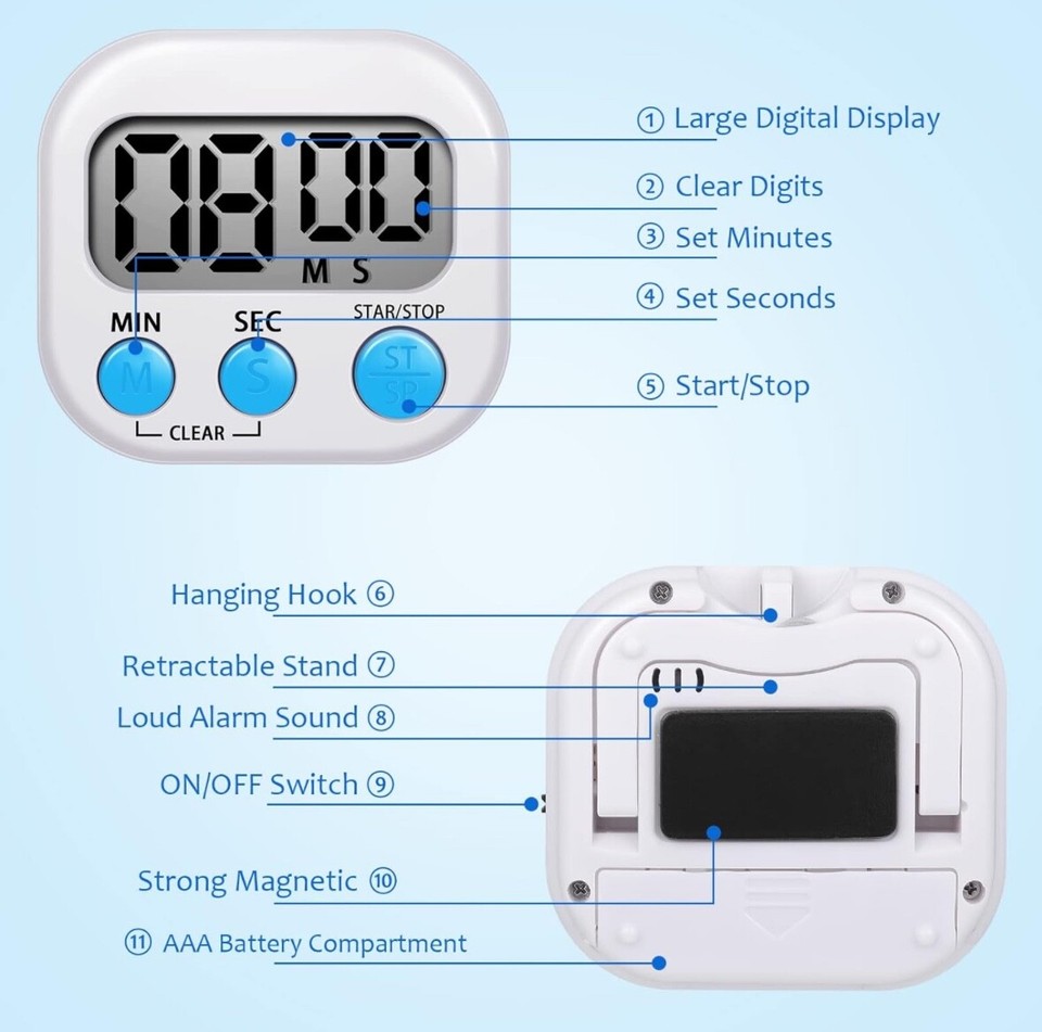 3 Mini Electronic Large LCD Digital Kitchen Timer Clock Countdown Count ...