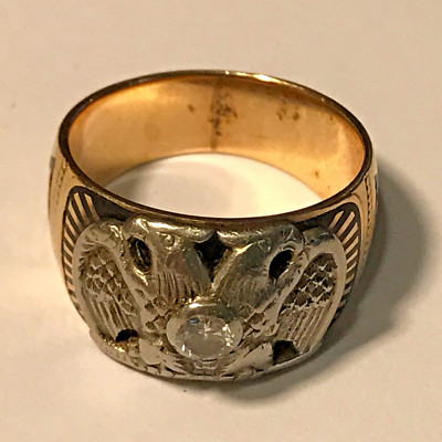 14K Yellow Gold Palladium & Diamond Scottish Rite Masonic Ring 12.7 g ...
