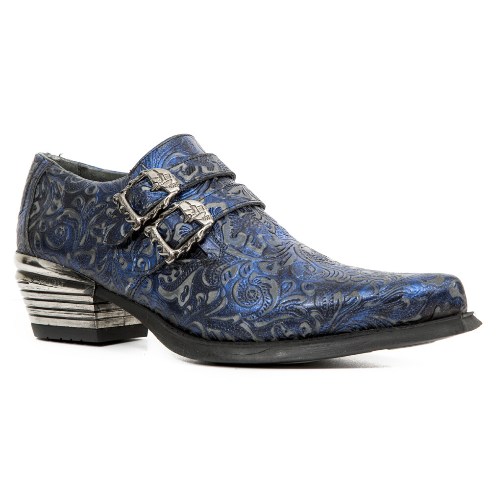 NEW ROCK 7960-S7 Shoe EMBOSSED VINTAGE Blue Leather Buckle Steel Heel ...