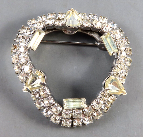 Vintage SILVER TONE BROOCH PIN Clear Rhinestones ROUNDED TRIANGLE Pear ...