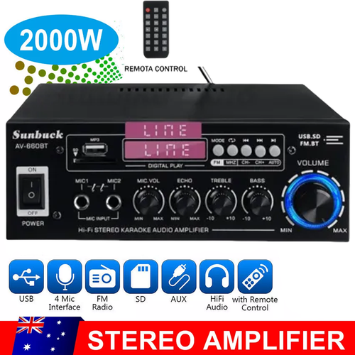 2000W bluetooth Audio Power Amplifier Stereo HiFi FM 2CH AMP Car Home ...