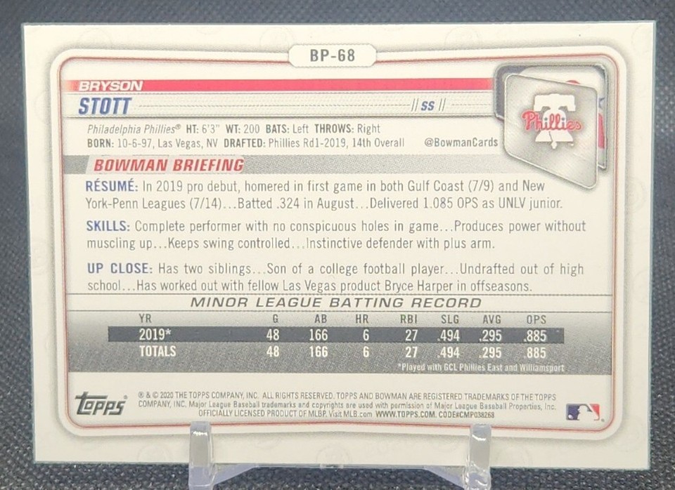2020 Bowman Baseball Bryson Stott Prospect Card #BP-68 Philadelphia ...