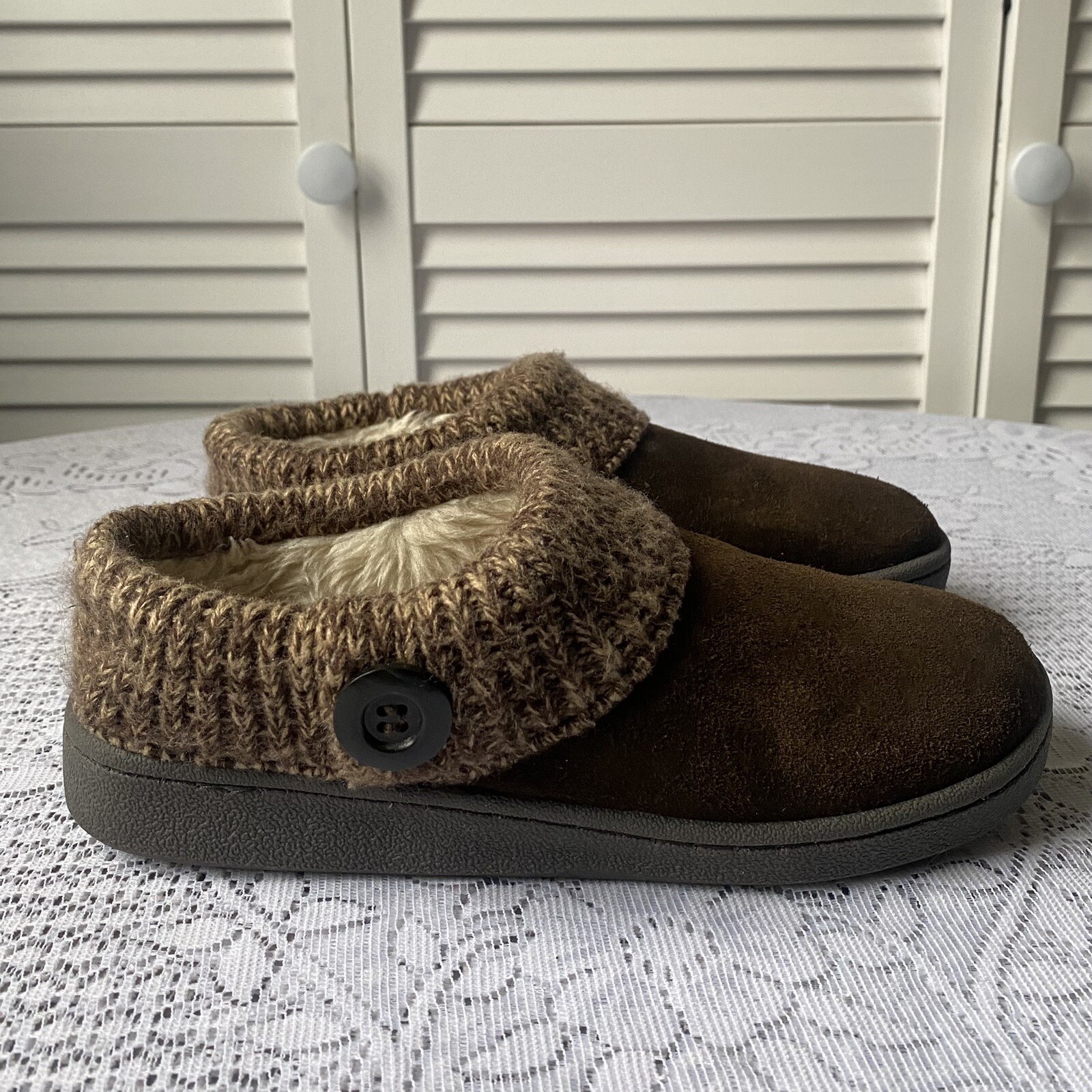 Clarks Womens Sweater Clog Slippers Brown Suede With … - Gem