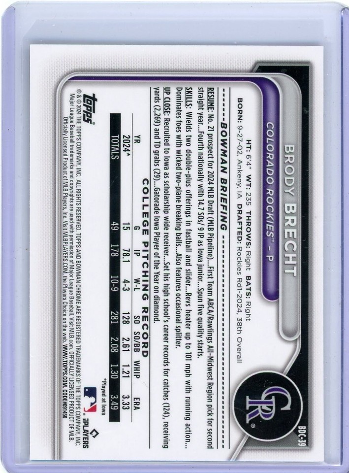 Brody Brecht 2024 Bowman Chrome Draft 1st Sunflower Seeds Rockies | eBay