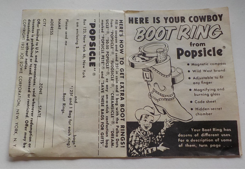 VINTAGE 1951 POPSICLE (JOE LOWE) COWBOY PLASTIC BOOT RING NEAR MINT ...