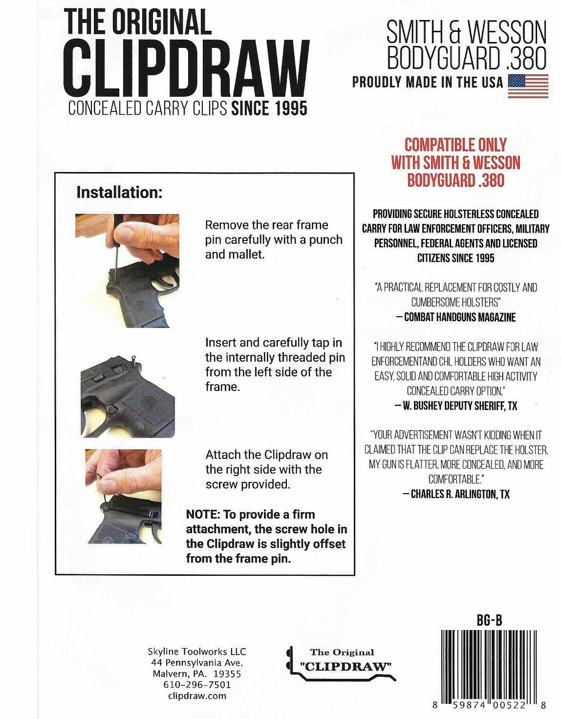 Clipdraw Belt Clip Smith & Wesson Bodyguard 380 IWB OWB Black - Right ...