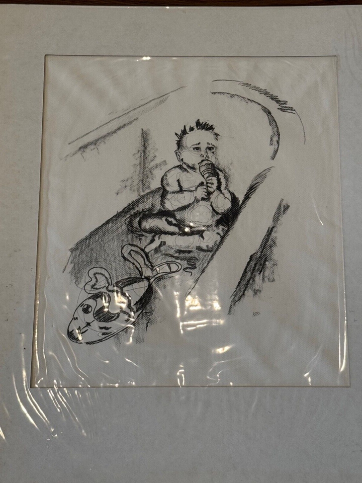 Vintage Sharon Niles Charcoal / Pastel Drawing Boy w/ Baby Rattle & Toy ...