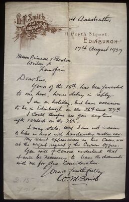 1927 Edinbourg - Autographe Lettre, William M Smith, Graveur, 11 Forth ...
