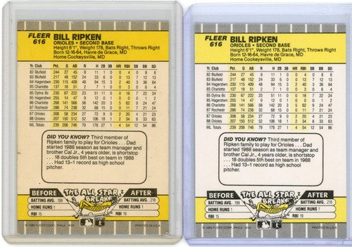 (2) -1989 FLEER BASEBALL-"BILLY"- BILL RIPKEN F**K FACE ON BAT #616 ...
