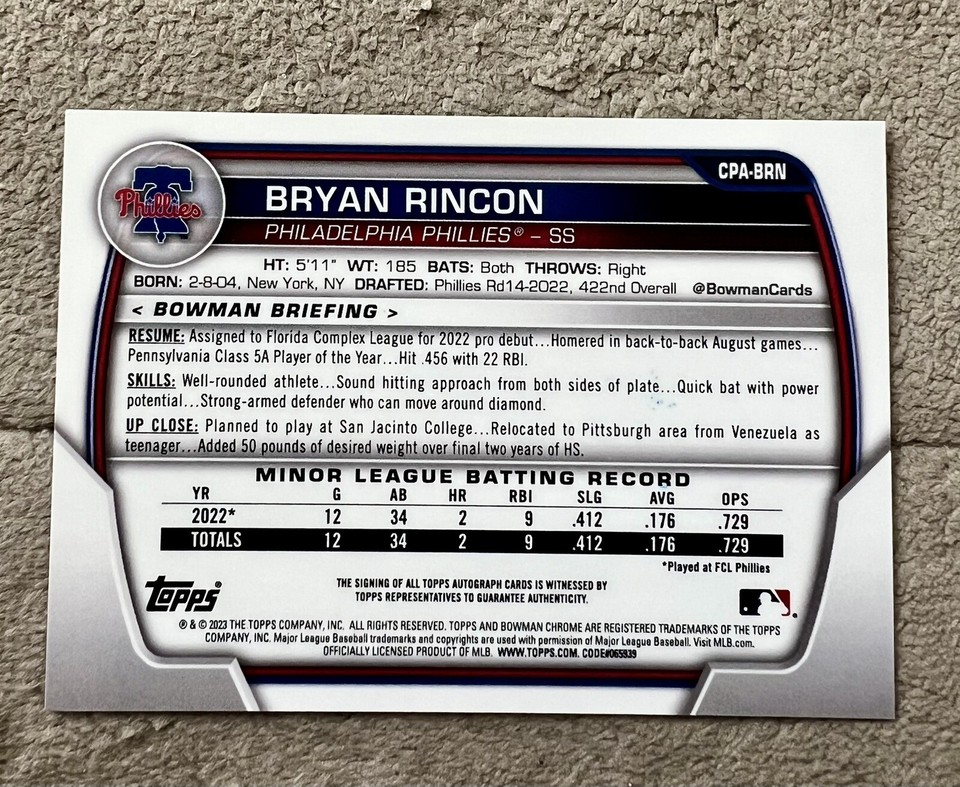 2023 Bowman Chrome Bryan Rincon 1st Bowman Prospect Autograph 🔥 ...