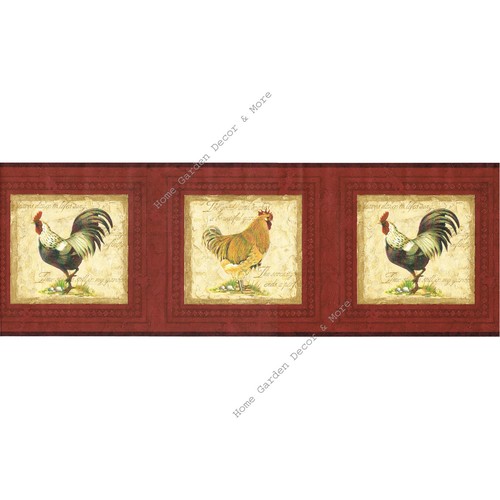 Tuscan Brick Red Rooster Hen Chicken Frame Beige Script Wall paper ...