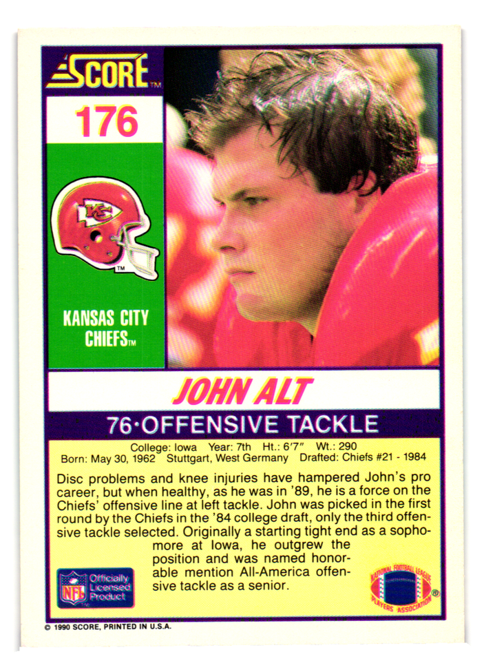 1990 Score Football Card # 176 John Alt Kansas City Chiefs | eBay