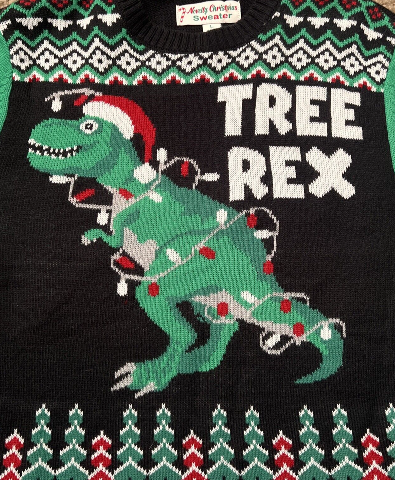 Ugly Christmas Dinosaur Sweater Sz L Holiday Tree Rex Funny T-Rex Fair ...